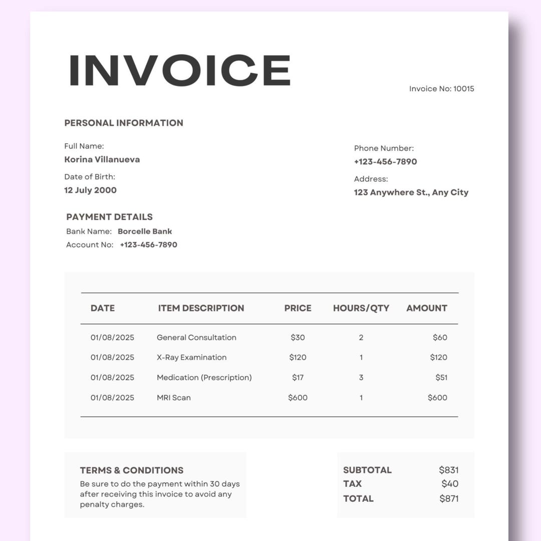 Medical Billing Form Invoice | Home Health & Mental Health Template ...