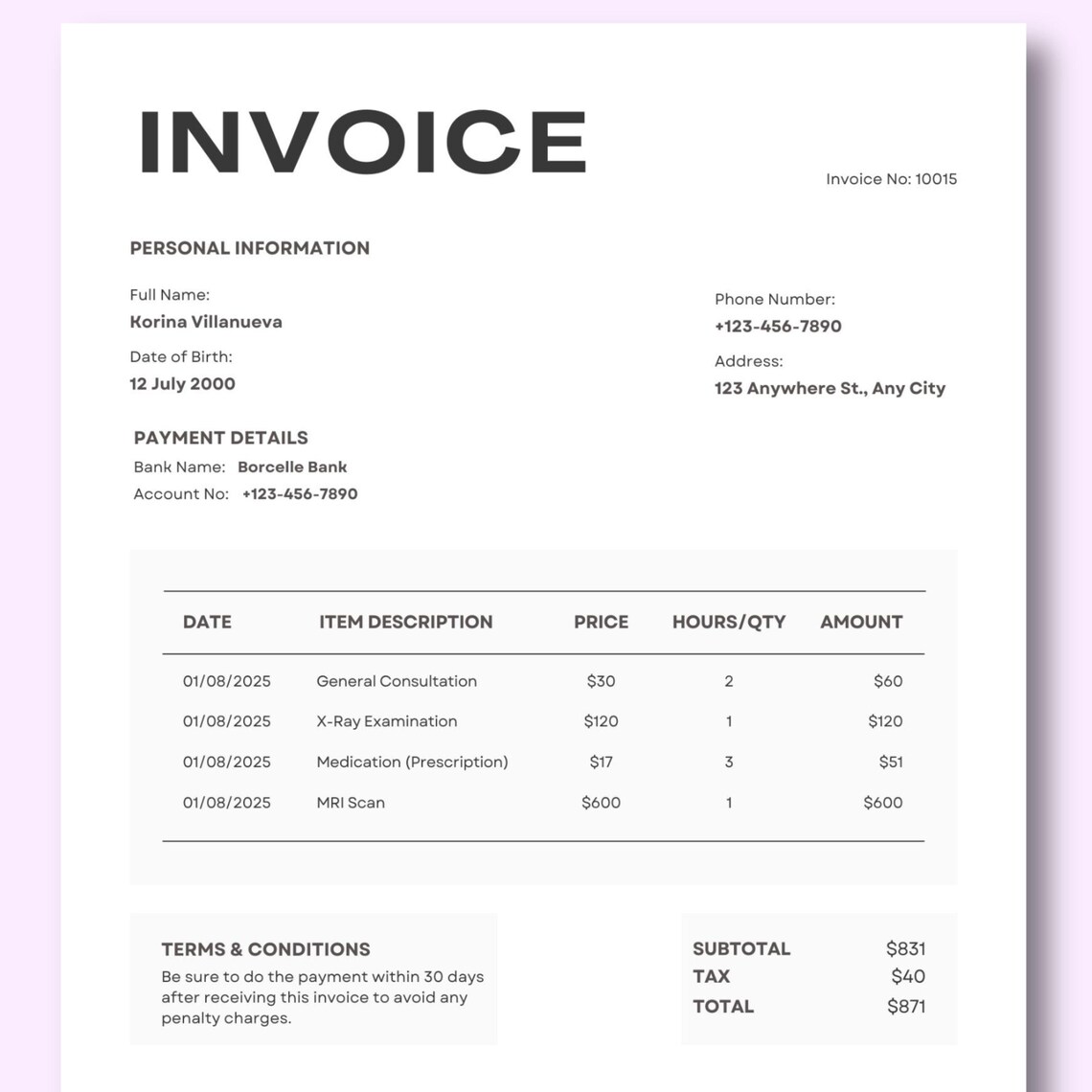 Medical Billing Form Invoice | Home Health & Mental Health Template ...