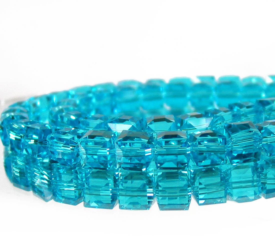 15" 6mm 8mm Aqua Blue CUBE Crystal Glass 3D Beads Faceted - PICK Size ...