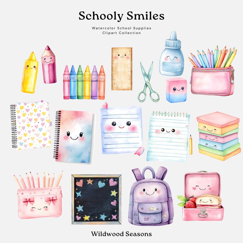 Kawaii School Clipart Bundle: Watercolor Kids, Classroom, Supplies ...