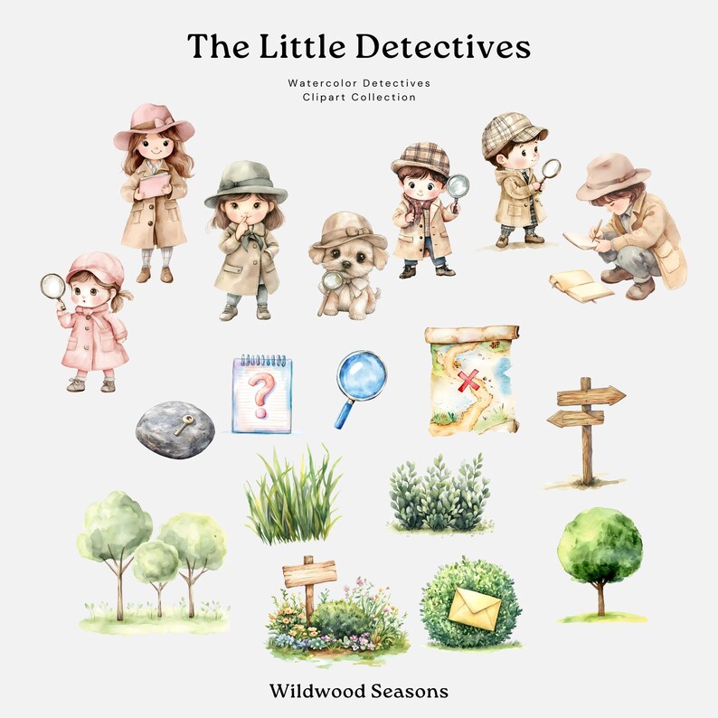 Watercolor Clipart Kids Detective PNG, Cute Secret Agent Designs ...