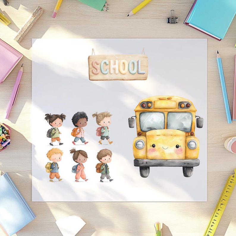 Kawaii Back to School Clipart – Watercolor Kids, School Bus, Rainbow ...