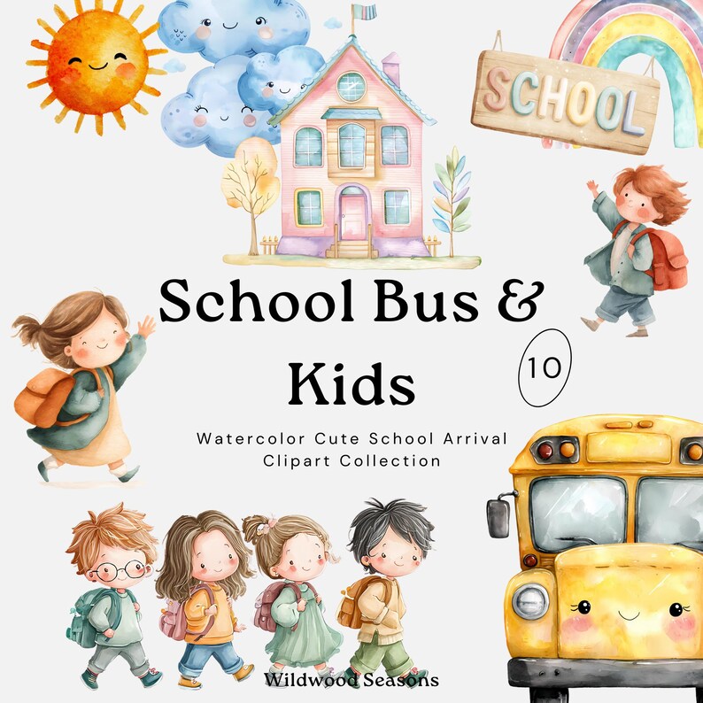 Kawaii Back to School Clipart – Watercolor Kids, School Bus, Rainbow ...