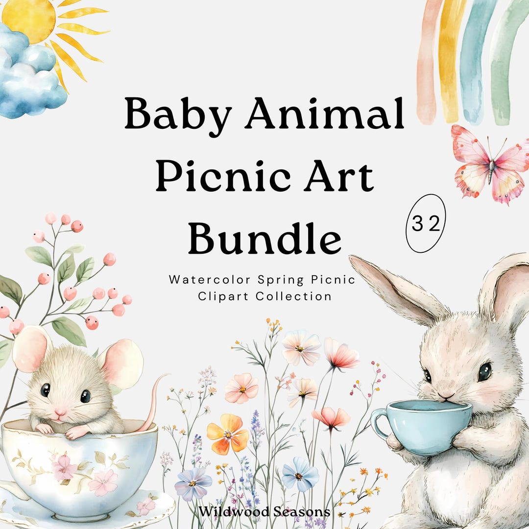 Pastel Watercolor Picnic Animals Clipart Bundle – Baby Animal PNG Set ...