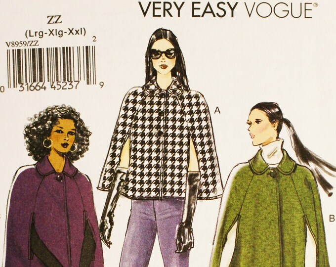 Vogue 8959 Cape Sewing Pattern – Very Easy, L-XXL UNCUT - Etsy