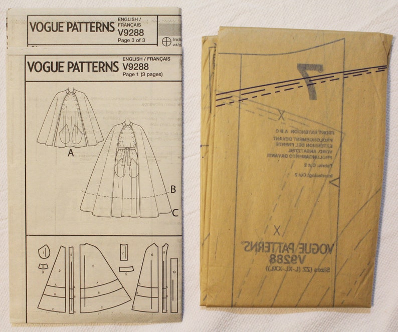Vogue Sewing Pattern for Cape in 3 Lengths - Vogue 9288 - Bust 38 to Bust 48 - Sizes L and XL ...