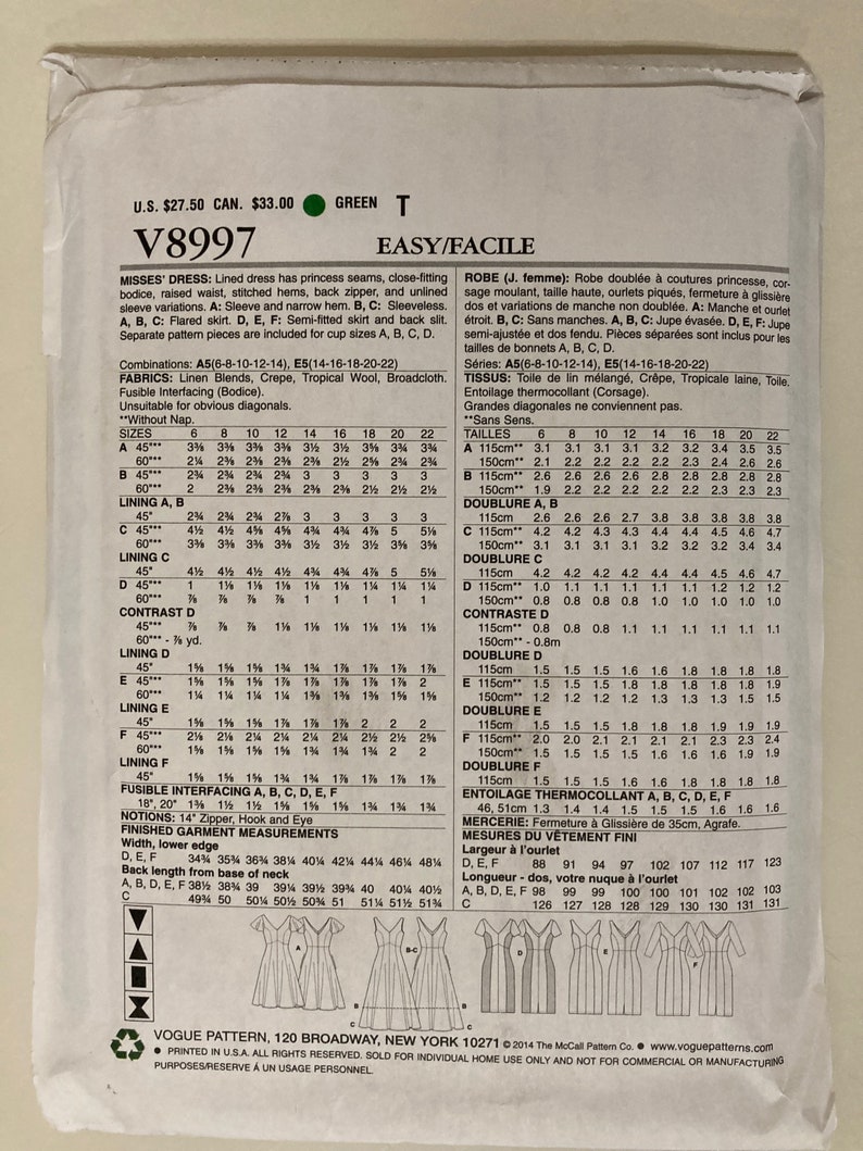 Vogue Sewing Pattern for Dress Vogue 8997 Bust 36 to 44 - Etsy