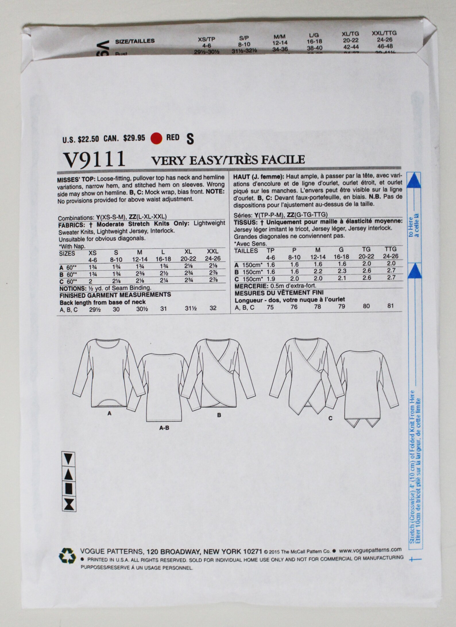 Vogue Sewing Pattern for Top in 3 Styles Vogue 9111 Sizes L and XL and ...