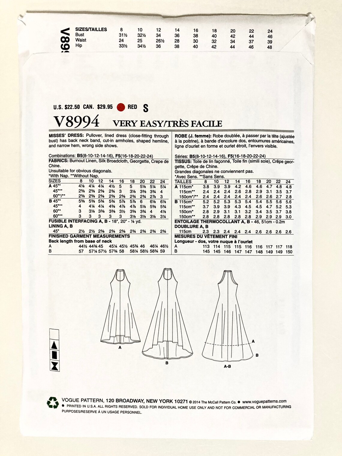 Vogue Sewing Pattern for Dress Vogue 8994 Bust 38 to 46 - Etsy