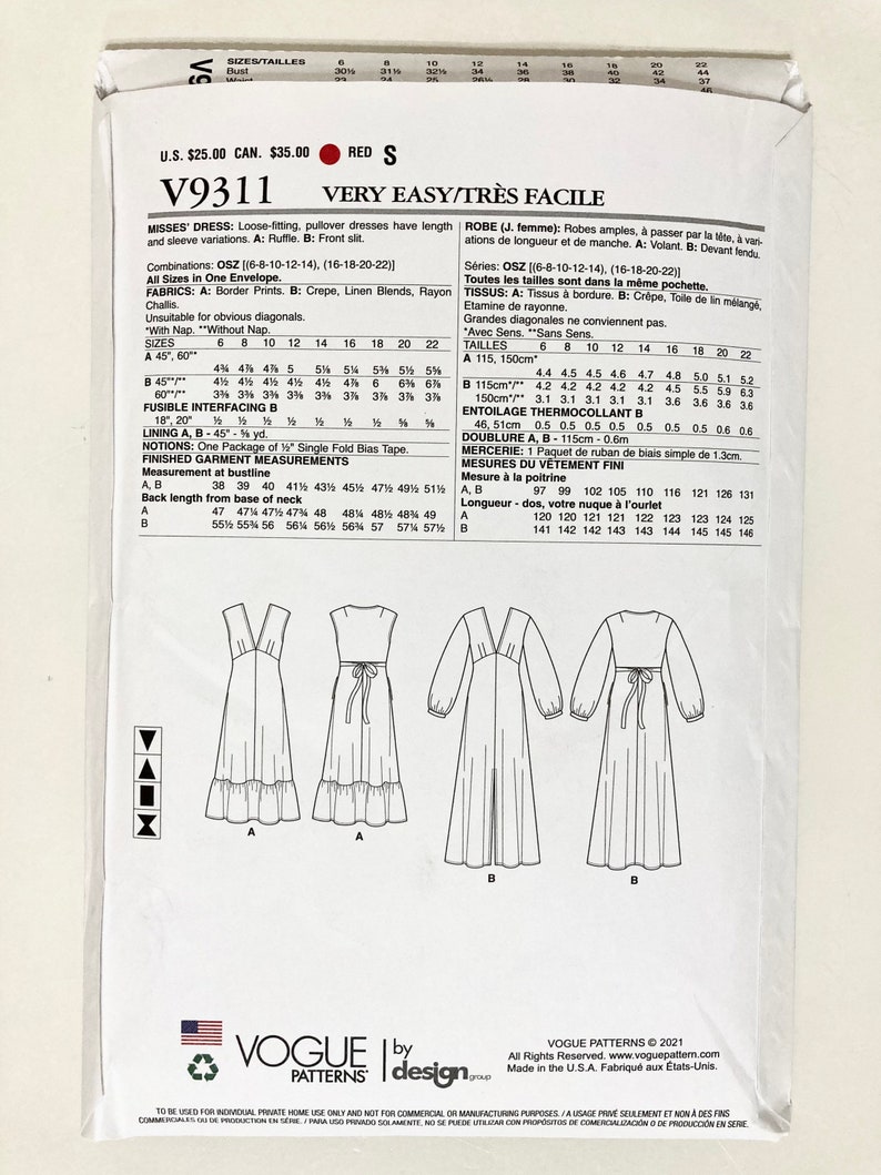 Vogue Sewing Pattern for Dress Vogue 9311 All Sizes in One - Etsy