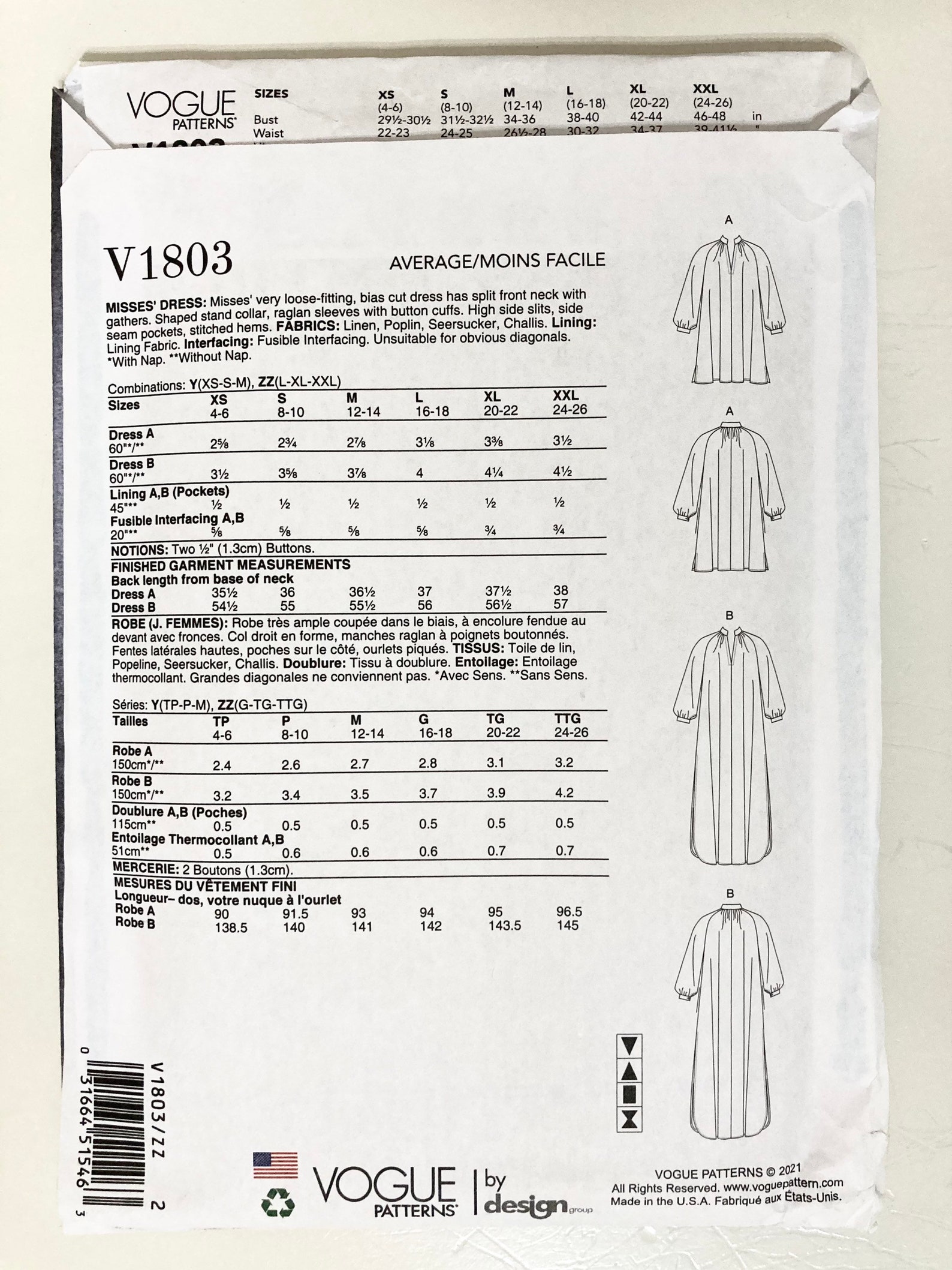 Vogue Sewing Pattern for Dress in 2 Lengths - Vogue 1803 - Sizes L XL ...