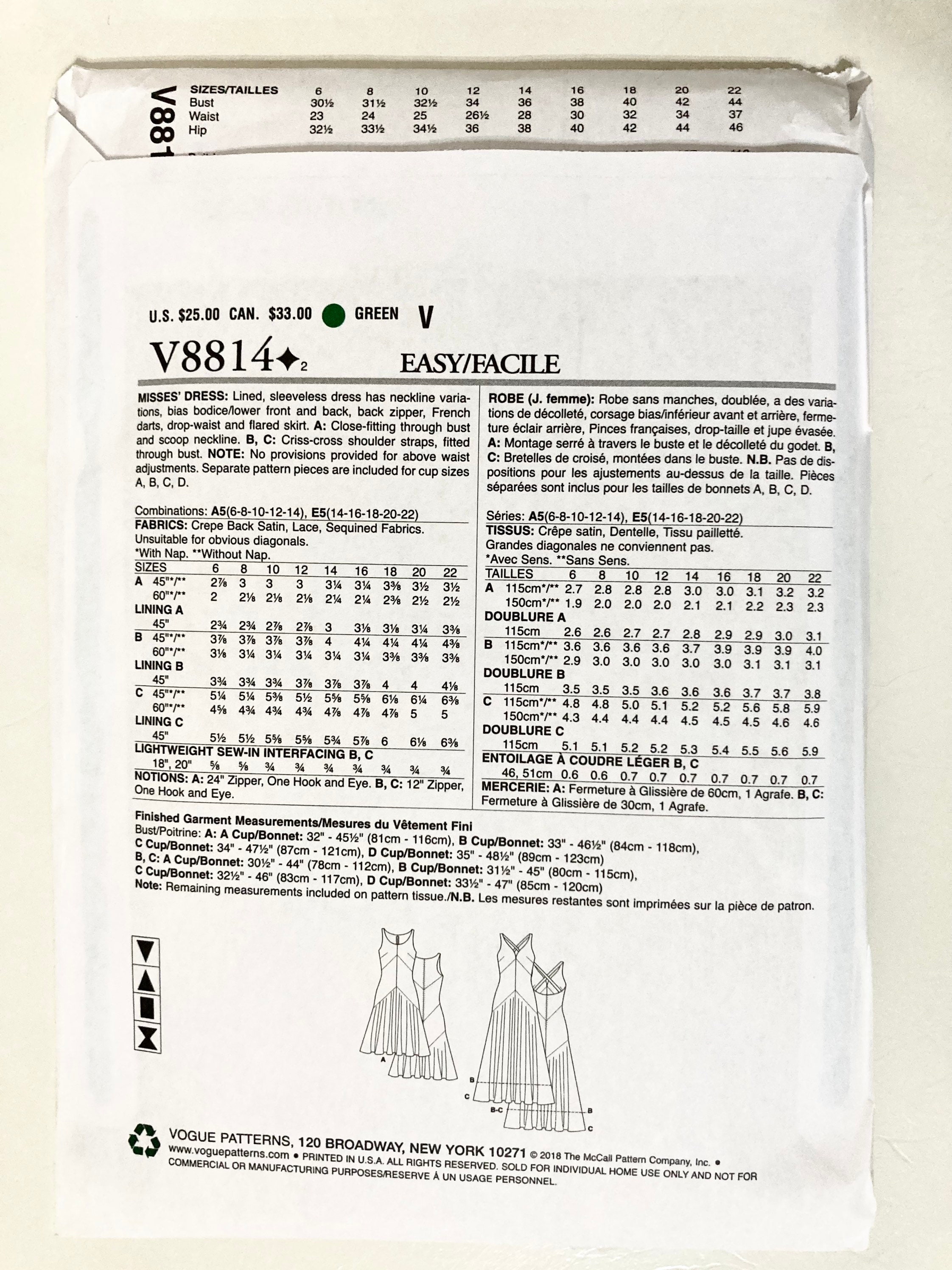 Sewing Pattern for Dress, Vogue 8814, Bust 30.5 to 36 Inches, Sizes 6 ...