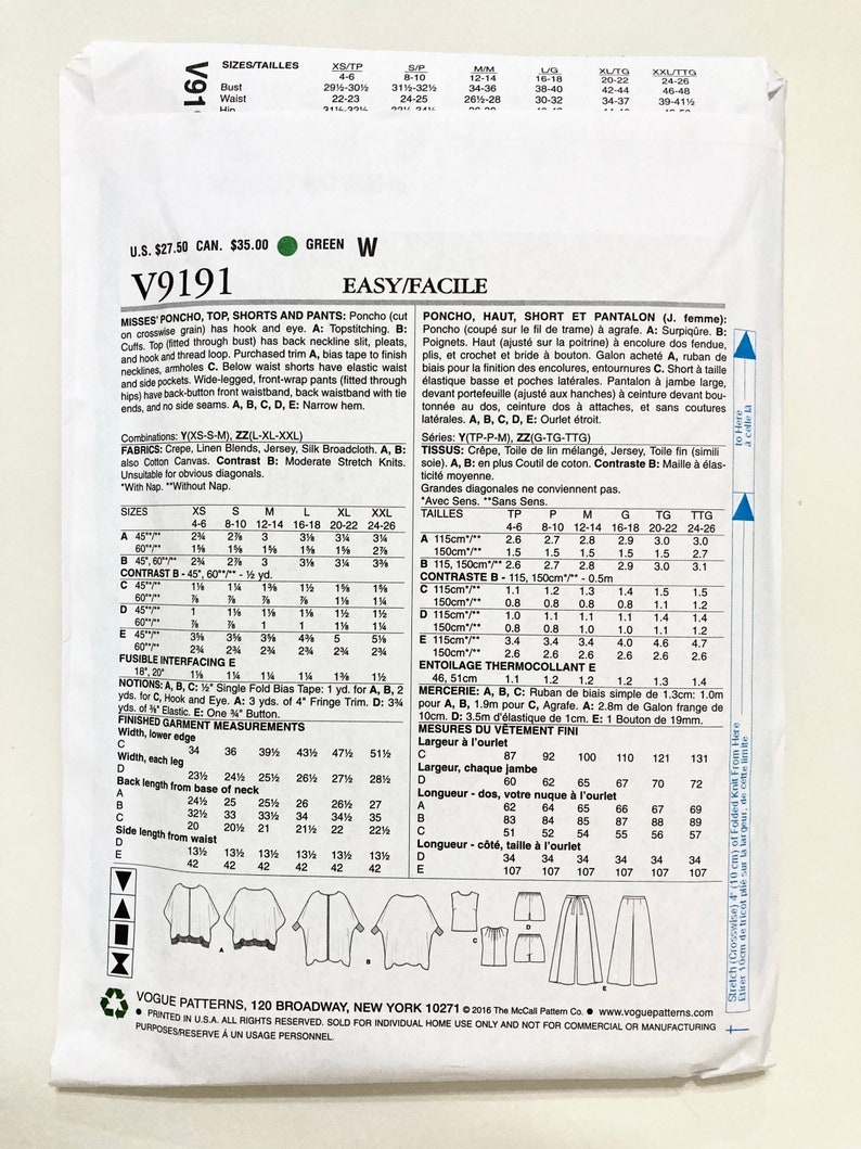 Vogue Sewing Pattern for Top Poncho Shorts & Pants Vogue 9191 Vogue ...