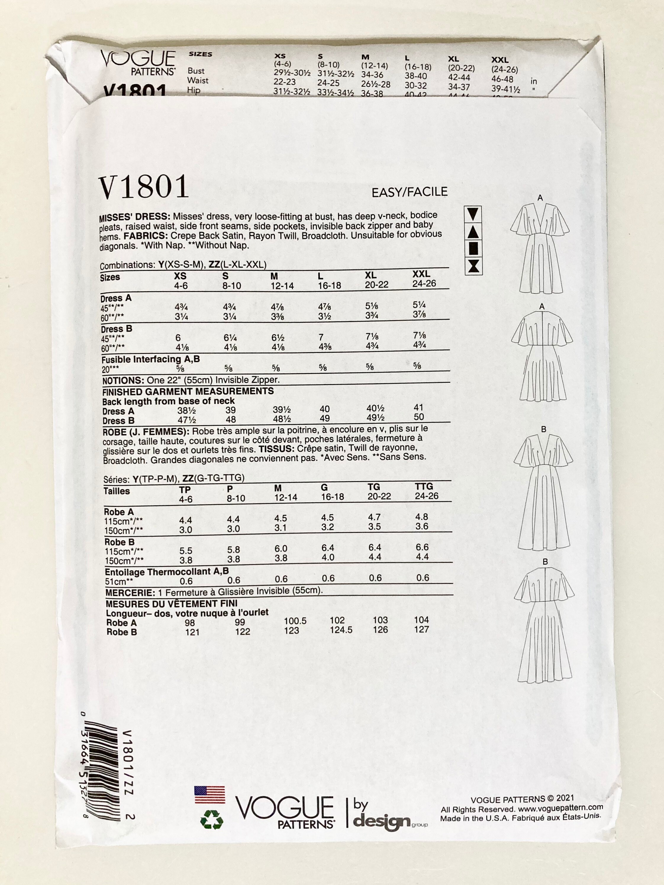 Vogue Sewing Pattern for Dress in 2 Lengths - Vogue 1801 - Sizes L and ...