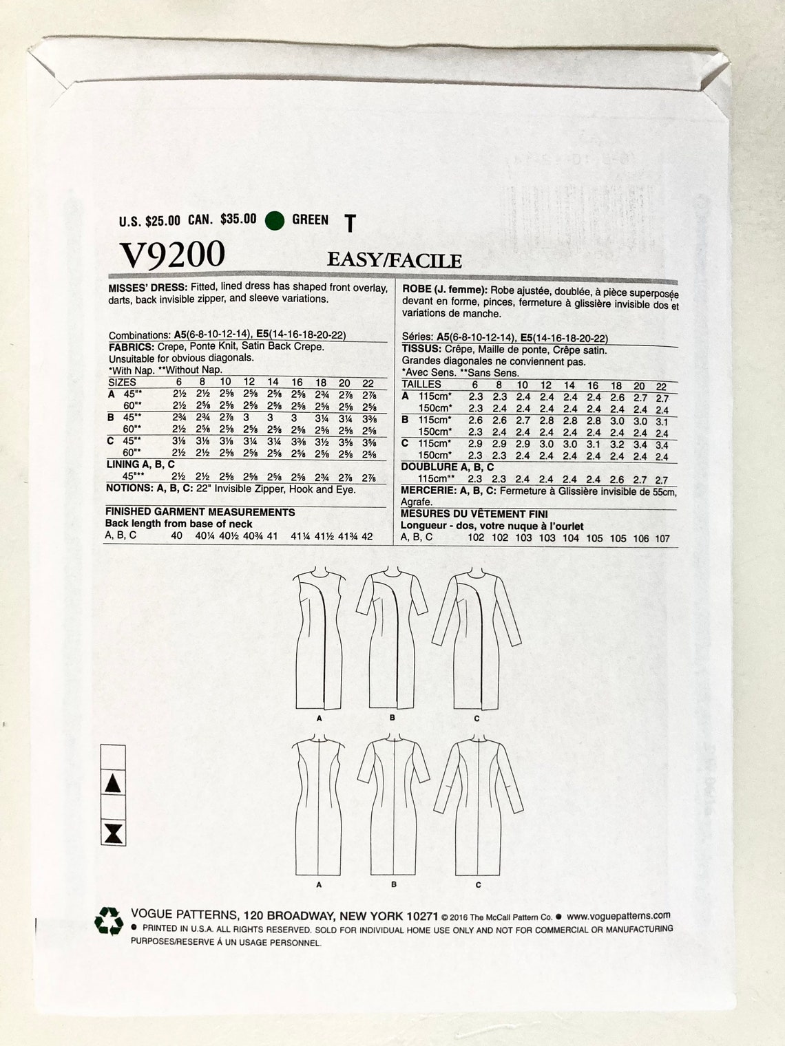 Sewing Pattern for Dress Vogue 9200 Easy Bust 30.5 to 36 - Etsy