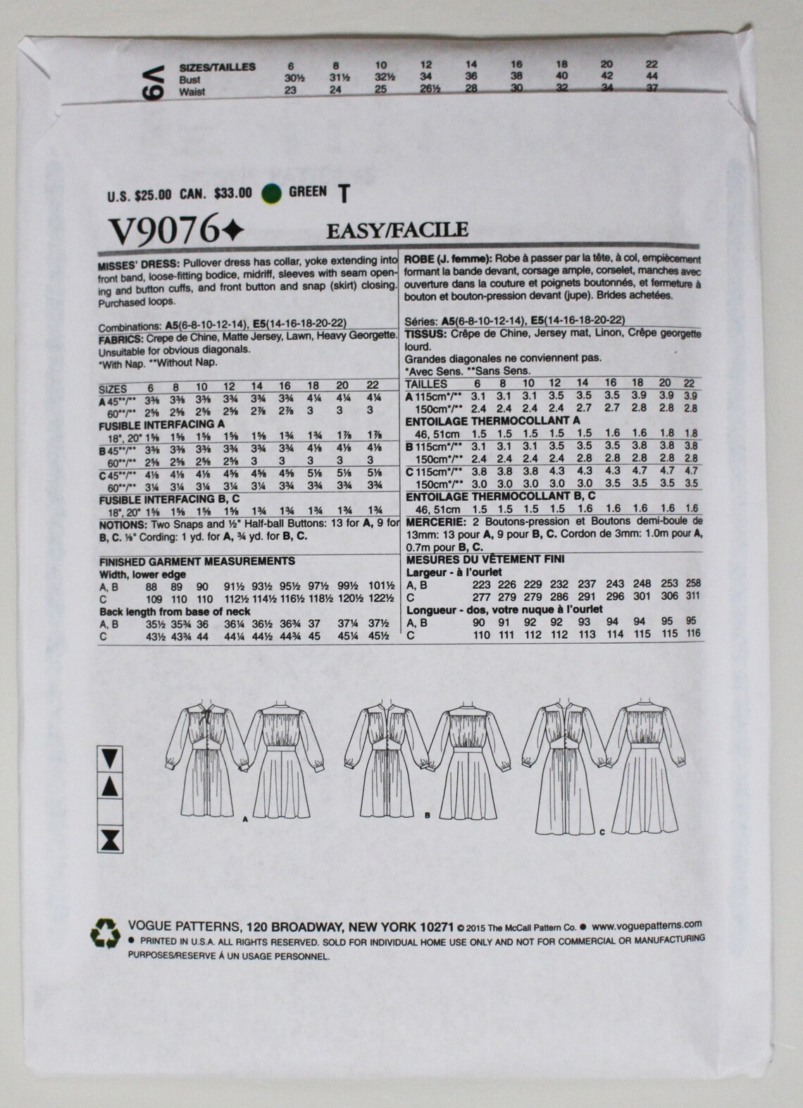 Vogue Sewing Pattern for Women's Dress Vogue 9076 Bust | Etsy