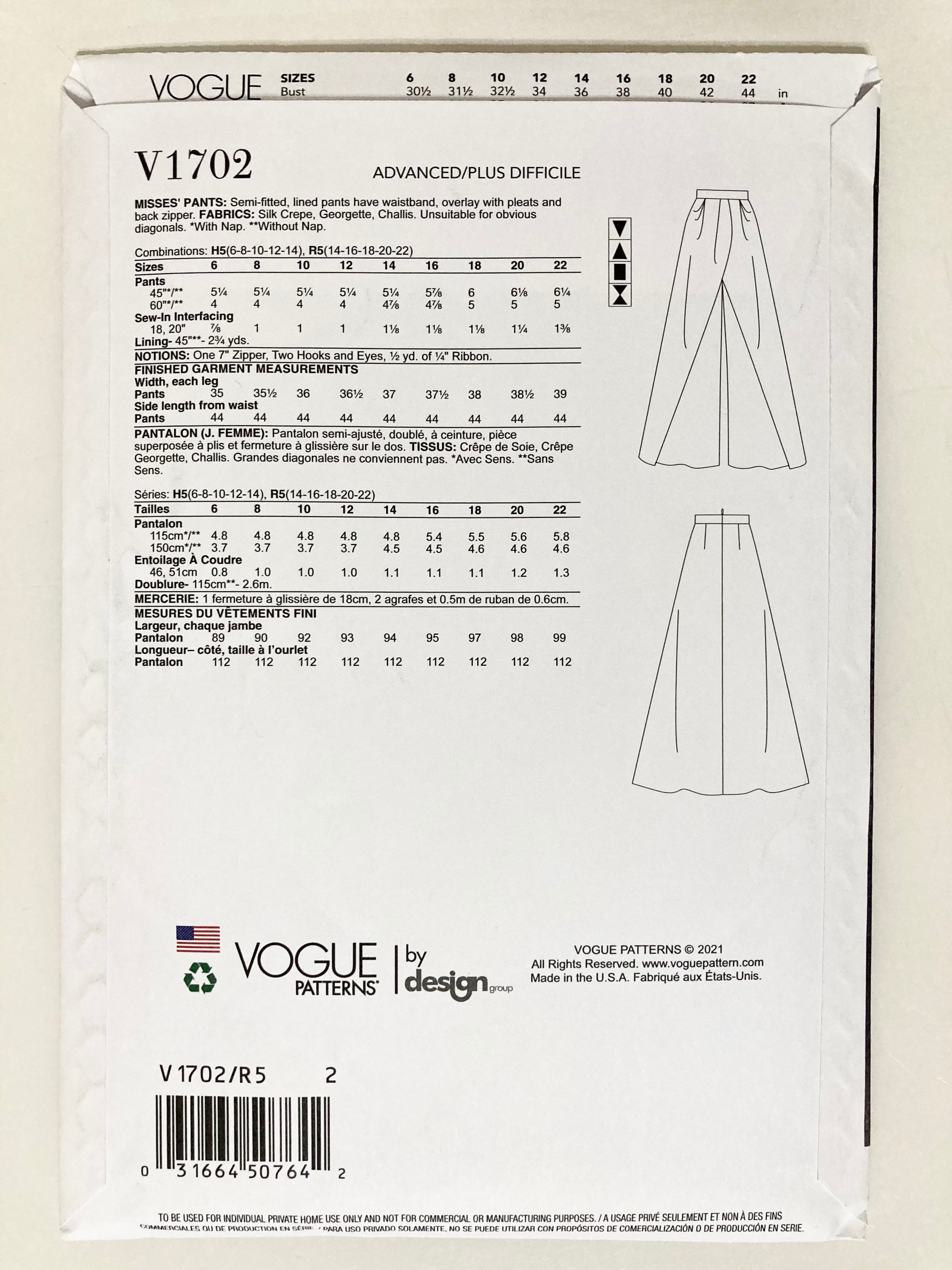 Vogue Sewing Pattern for Sophisticated Women's Pants With Dramatic ...