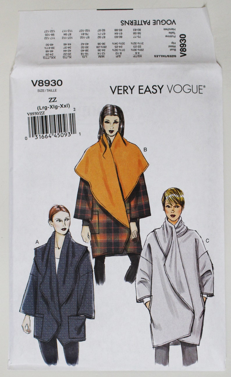 Vogue Sewing Pattern for Jacket / Coat in 3 Styles - Vogue 8930 - Sizes ...