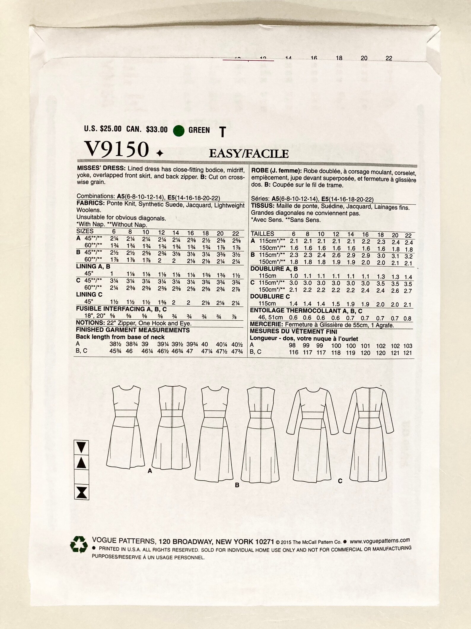 Vogue Sewing Pattern for Dress Vogue 9150 Bust 30.5 to 36 Inches Sizes ...