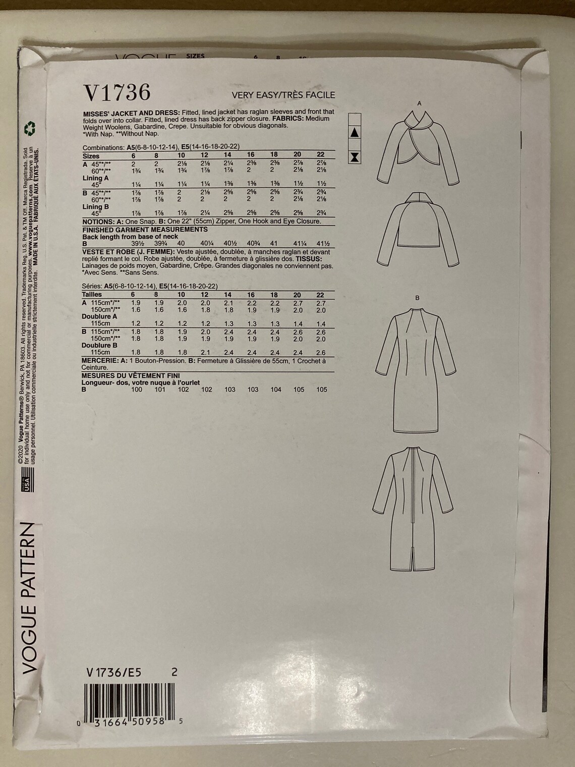 Vogue Sewing Pattern for Dress and Jacket Vogue 1736 | Etsy