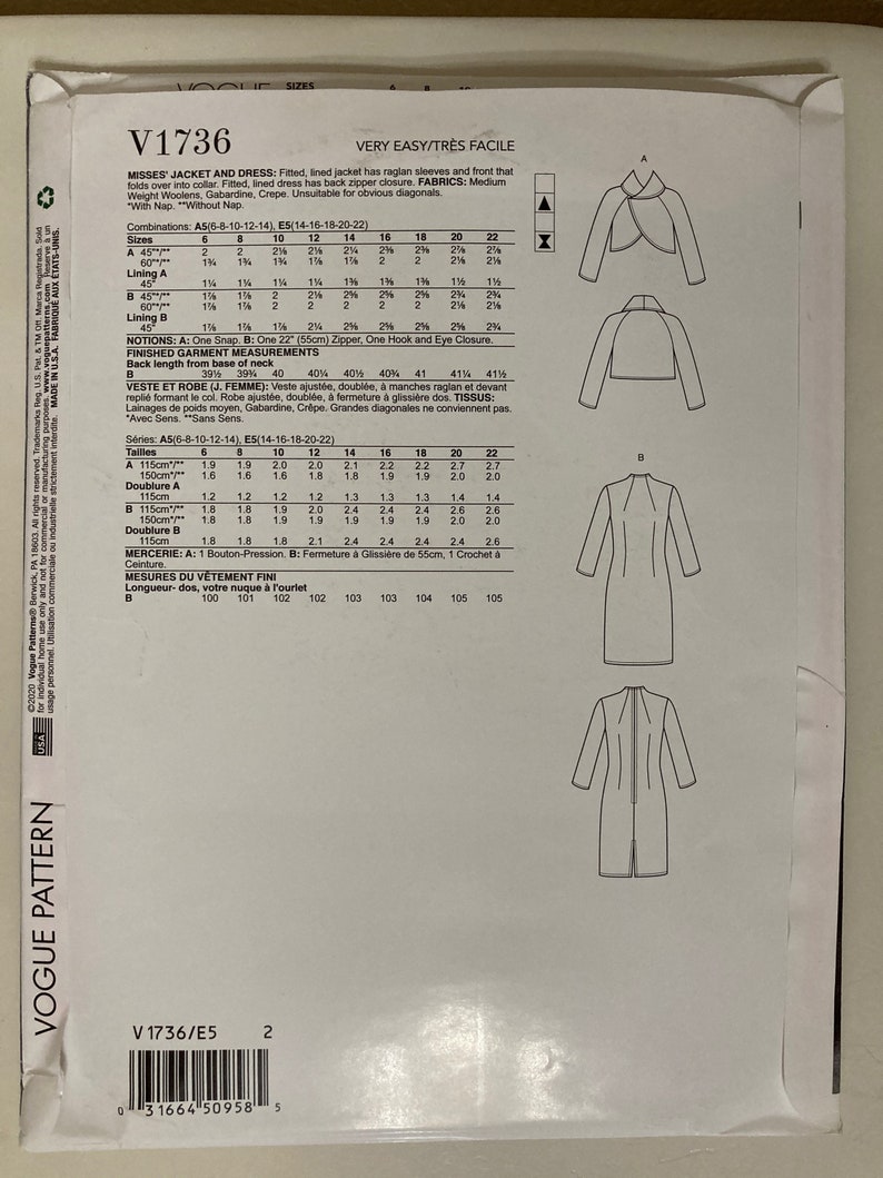 Vogue Sewing Pattern for Dress and Jacket Vogue 1736 | Etsy