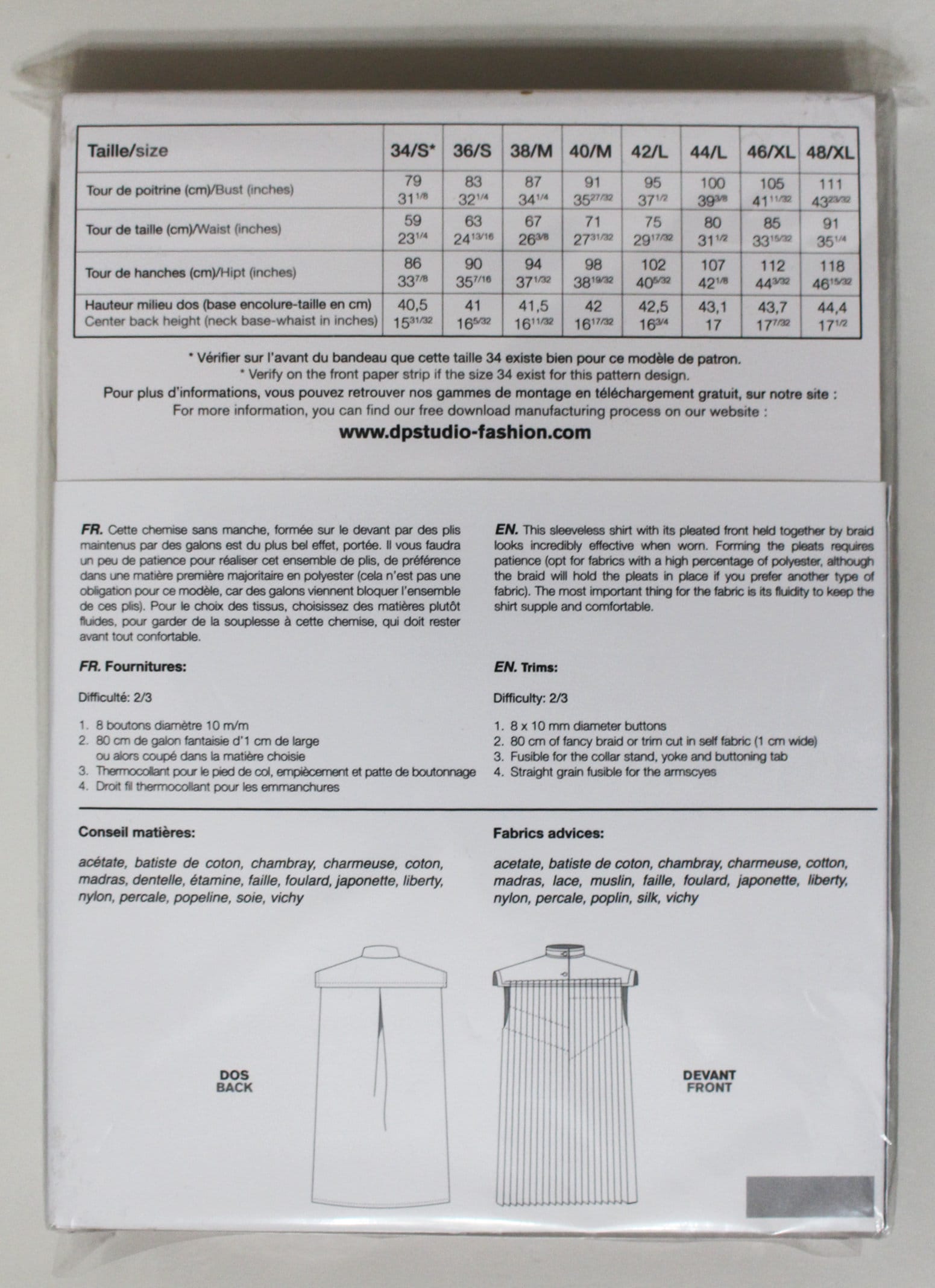 Dp Studio Sewing Pattern for Pleated Shirt Le 503 Instructions in ...