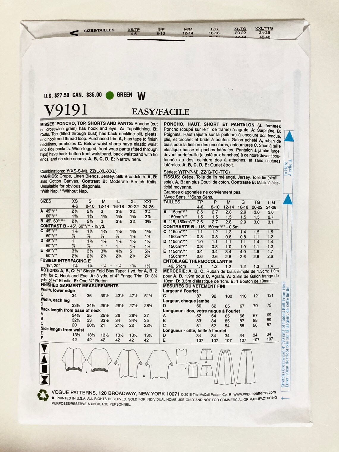 Vogue Sewing Pattern for Top Poncho Shorts & Pants - Vogue 9191 - Vogue ...