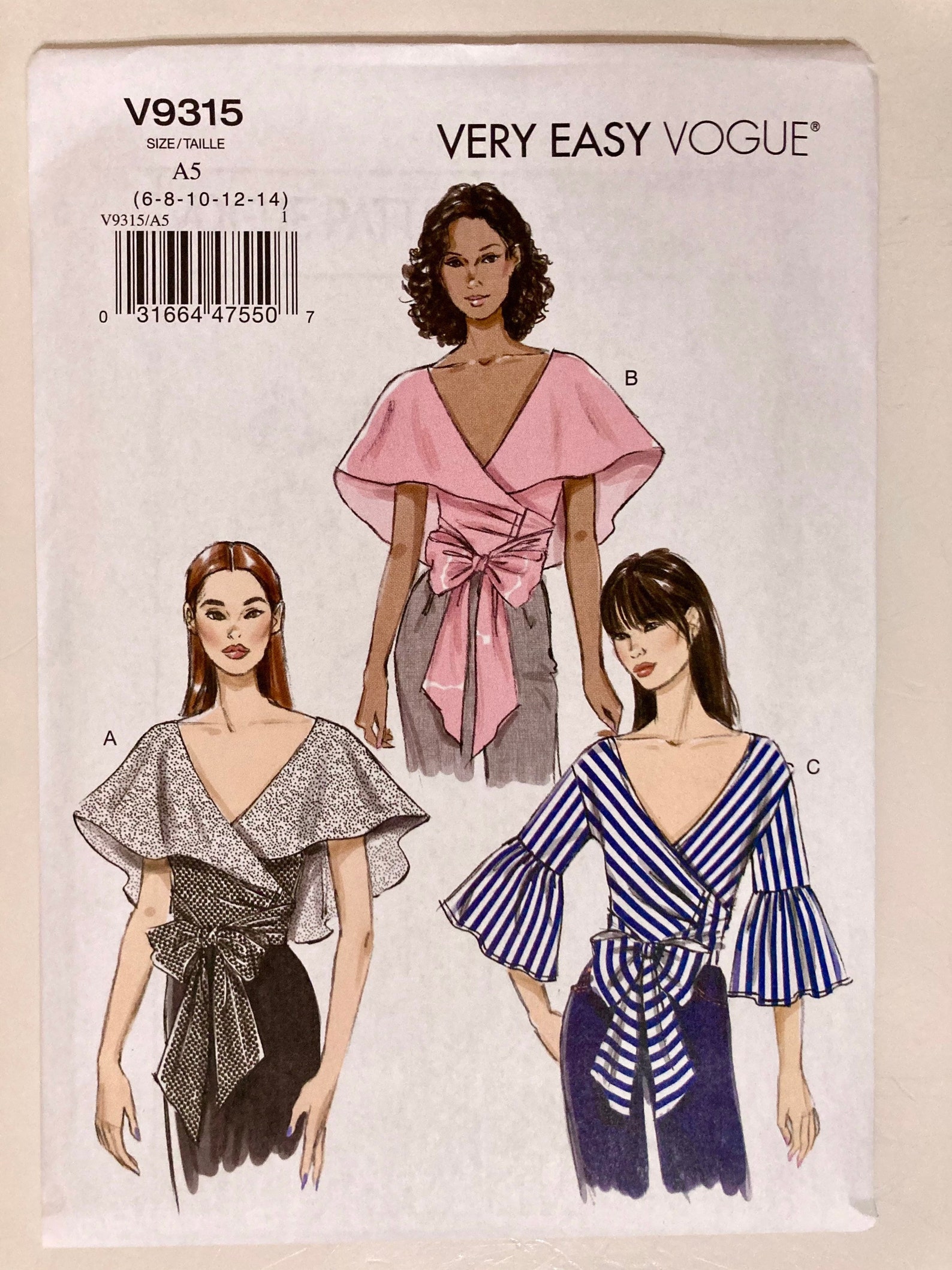 Vogue Sewing Pattern for Women's Tops / Blouses - Vogue 9315 - Sizes 6 to 14 - Bust 30.5 to 36 ...