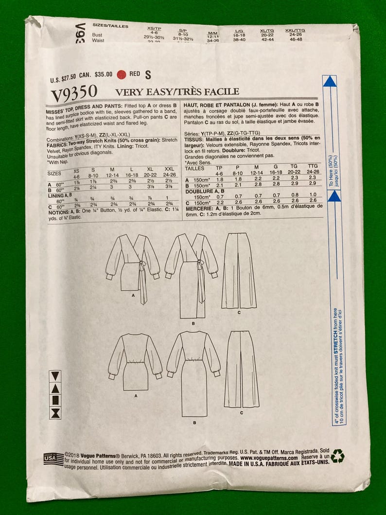 Vogue Sewing Pattern for Dress / Top and Pants - Vogue 9350 - Sizes L ...