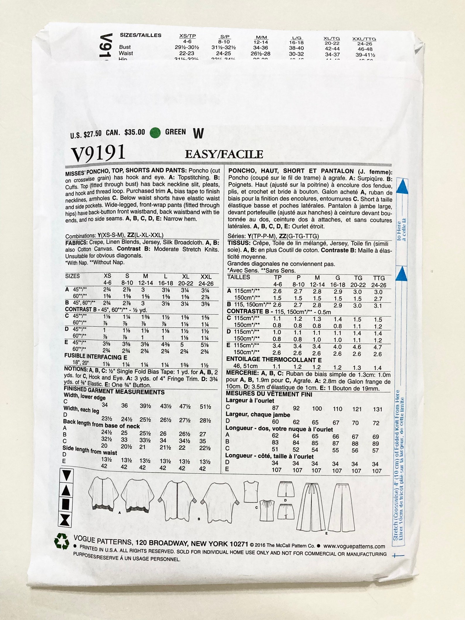 Vogue Sewing Pattern for Top Poncho Shorts & Pants Vogue - Etsy