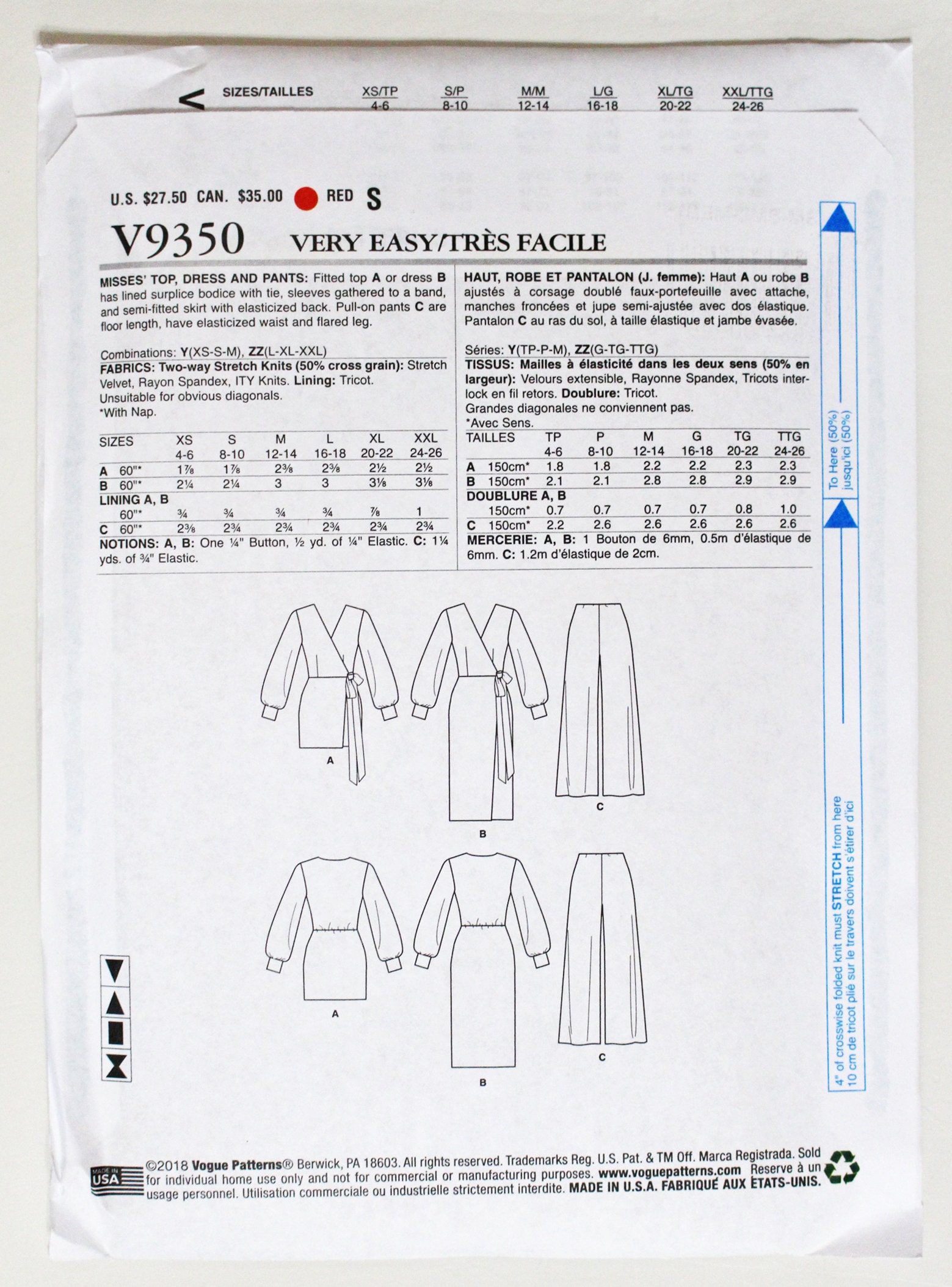 Vogue Sewing Pattern for Dress / Top and Pants Vogue 9350 Sizes XS and ...