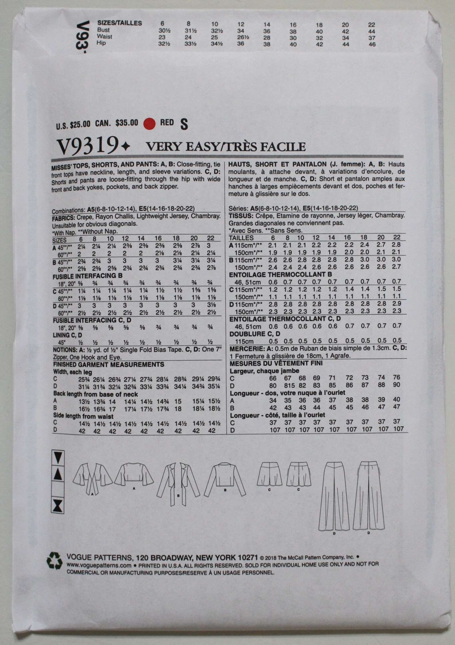 Vogue Sewing Pattern for Shorts & Pants and Tie-front Top - Vogue 9319 ...