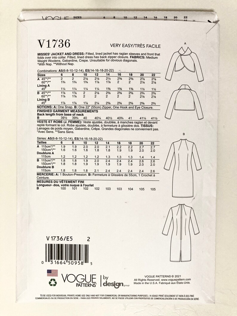 Vogue Sewing Pattern for Dress and Jacket Vogue 1736 Formerly Vogue ...