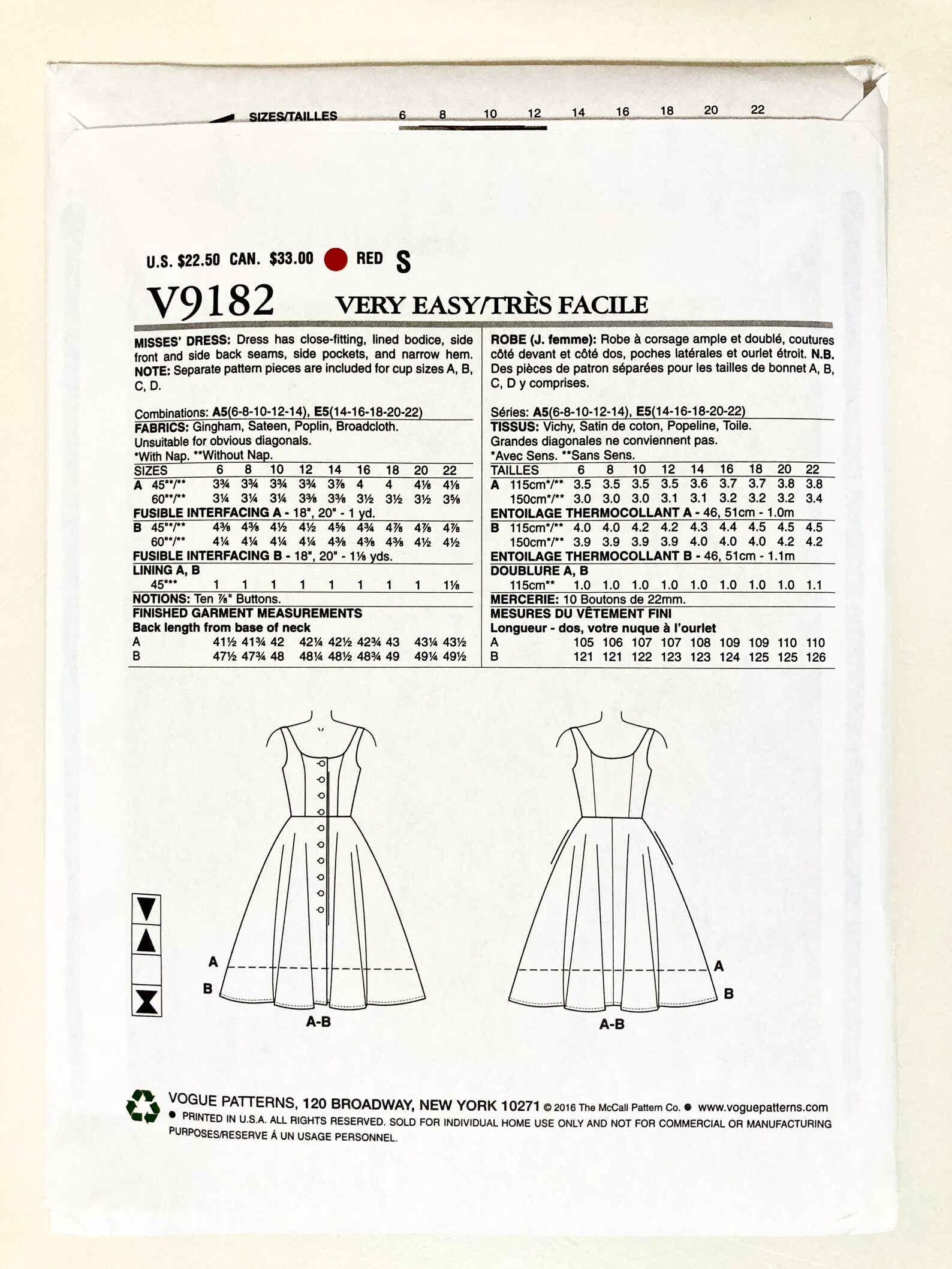 Vogue Sewing Pattern for Dress - Vogue 9182 - Bust 36 to 44 - Sizes 14 ...