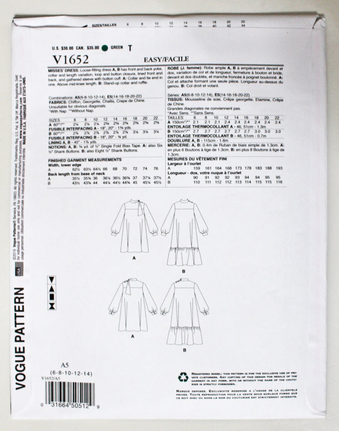 Vogue Sewing Pattern for Women's Dress - Vogue 1652 - Bust 30.5 to 36 ...