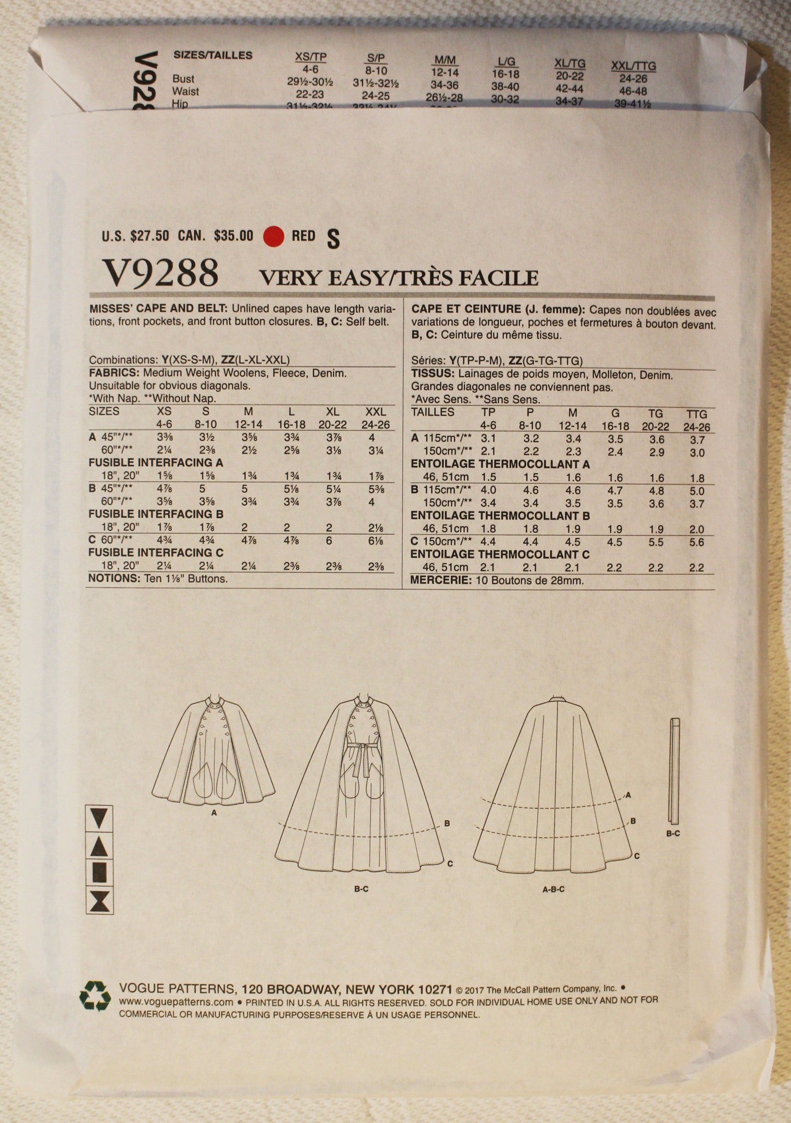 Vogue Sewing Pattern for Cape in 3 Lengths - Vogue 9288 - Bust 38 to ...