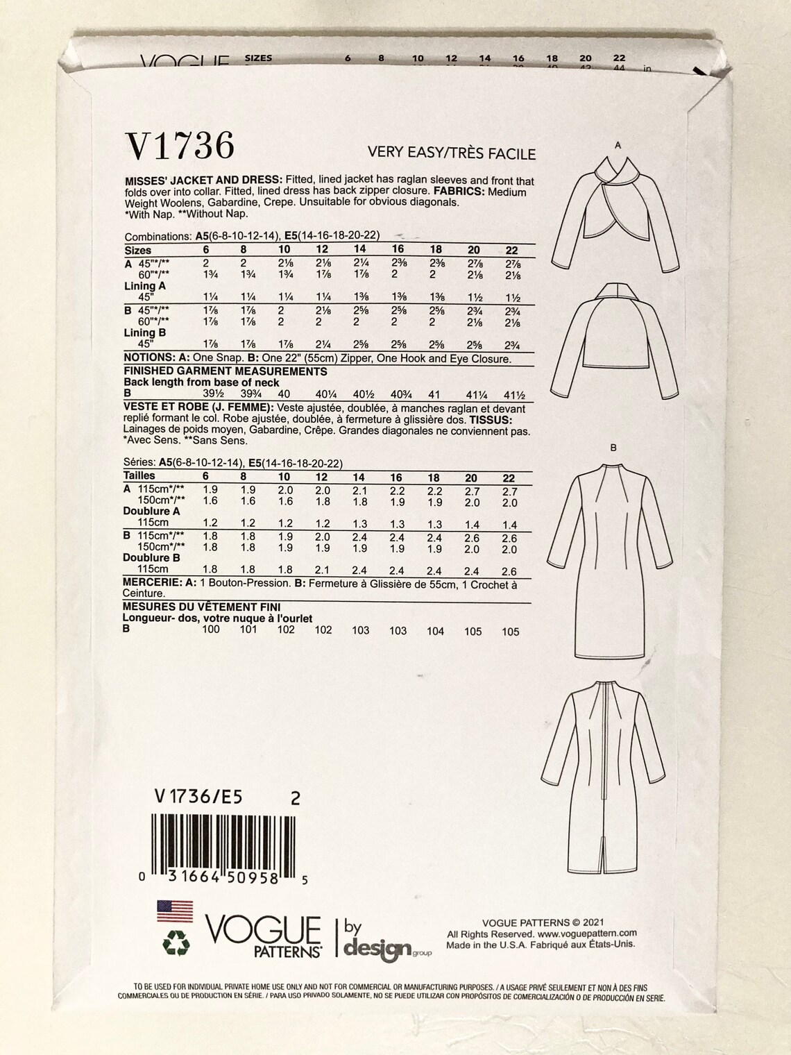 Vogue Sewing Pattern for Dress and Jacket Vogue 1736 - Etsy