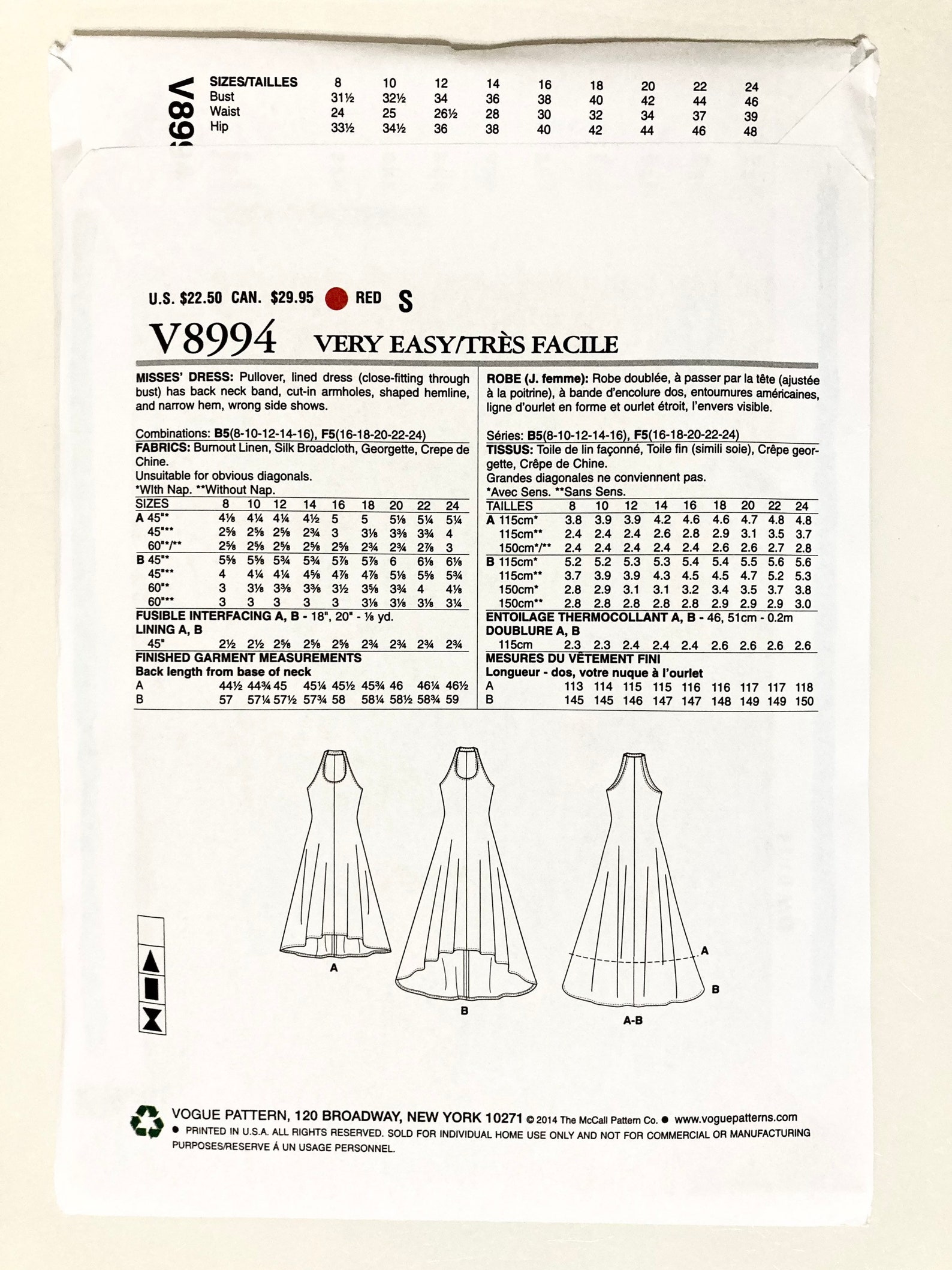 Vogue Sewing Pattern for Dress - Vogue 8994 - Bust 38 to 46 Inches ...