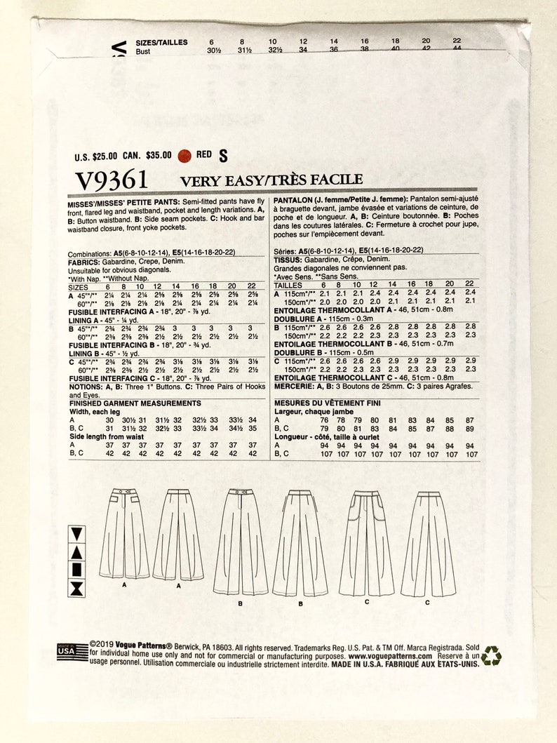 Sewing Pattern for Women's Wide Leg Pants, Vogue 9361, Very Easy, Hip ...