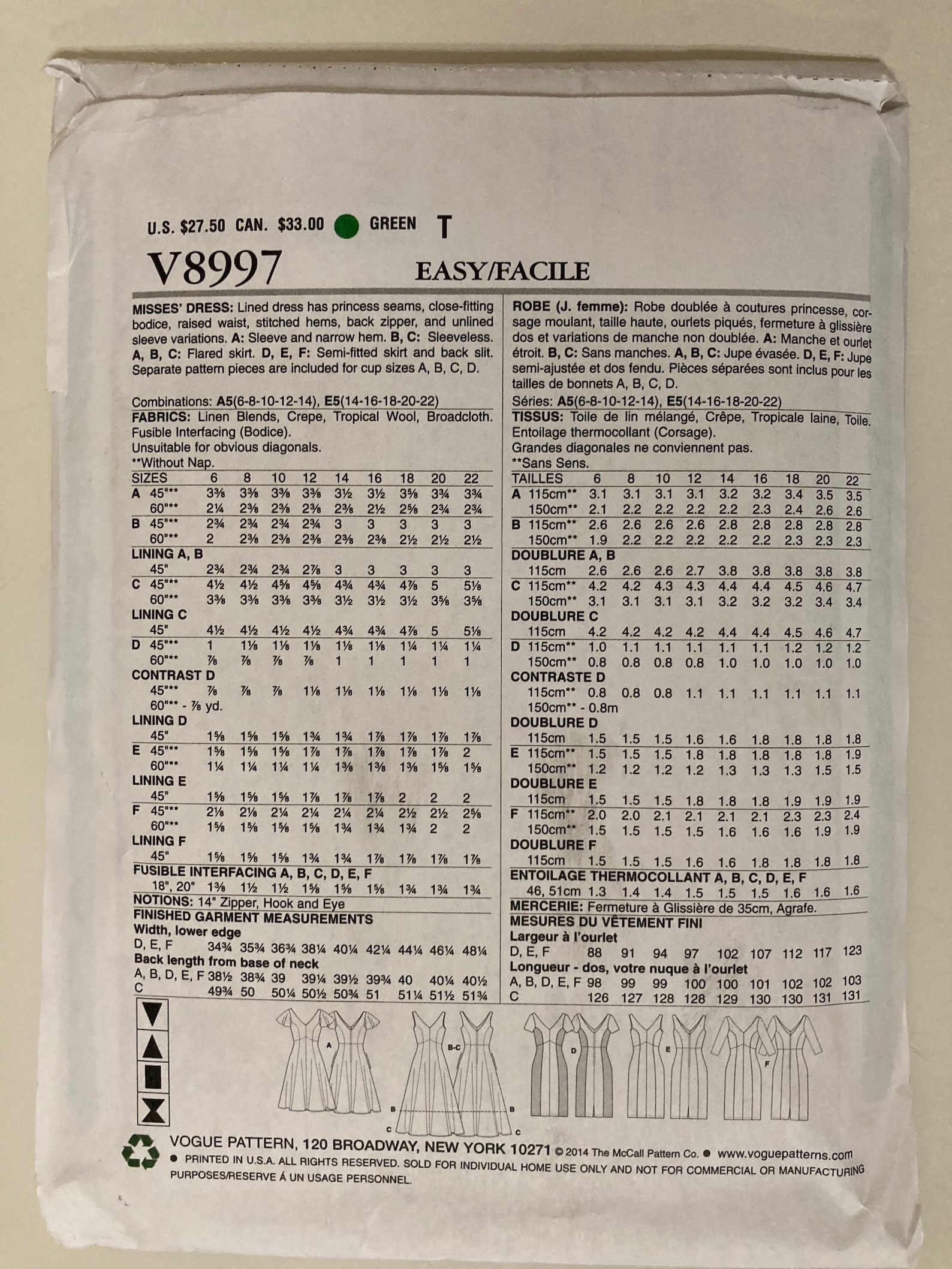 Vogue Sewing Pattern for Dress Vogue 8997 Bust 36 to 44 - Etsy