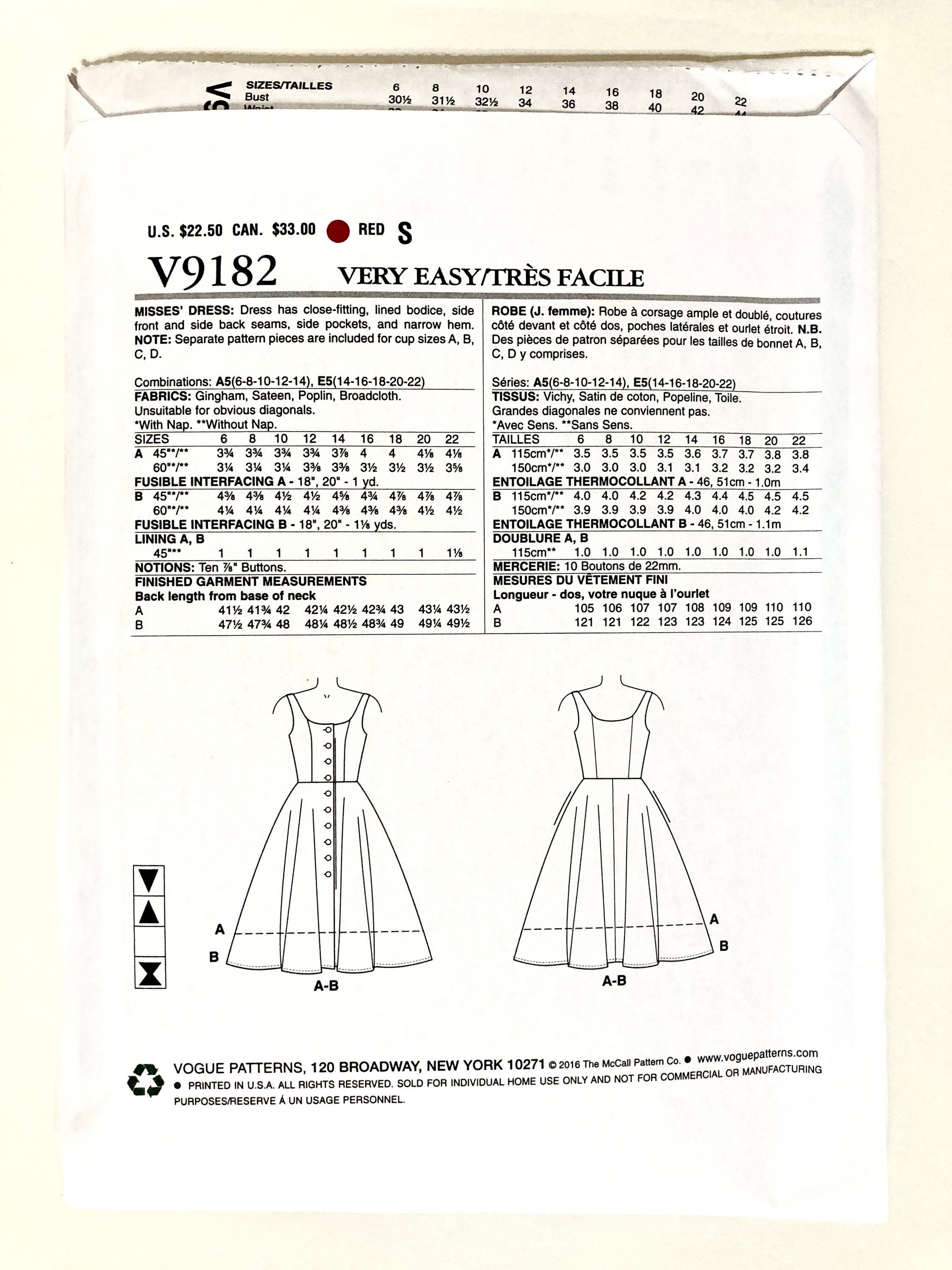Vogue Sewing Pattern for Dress - Vogue 9182 - Bust 30.5 to 36 - Sizes 6 ...