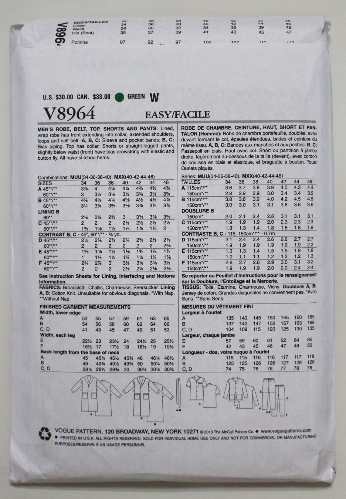 Vogue 8964 Men's pajamas and robe pants top shirt shorts | Etsy