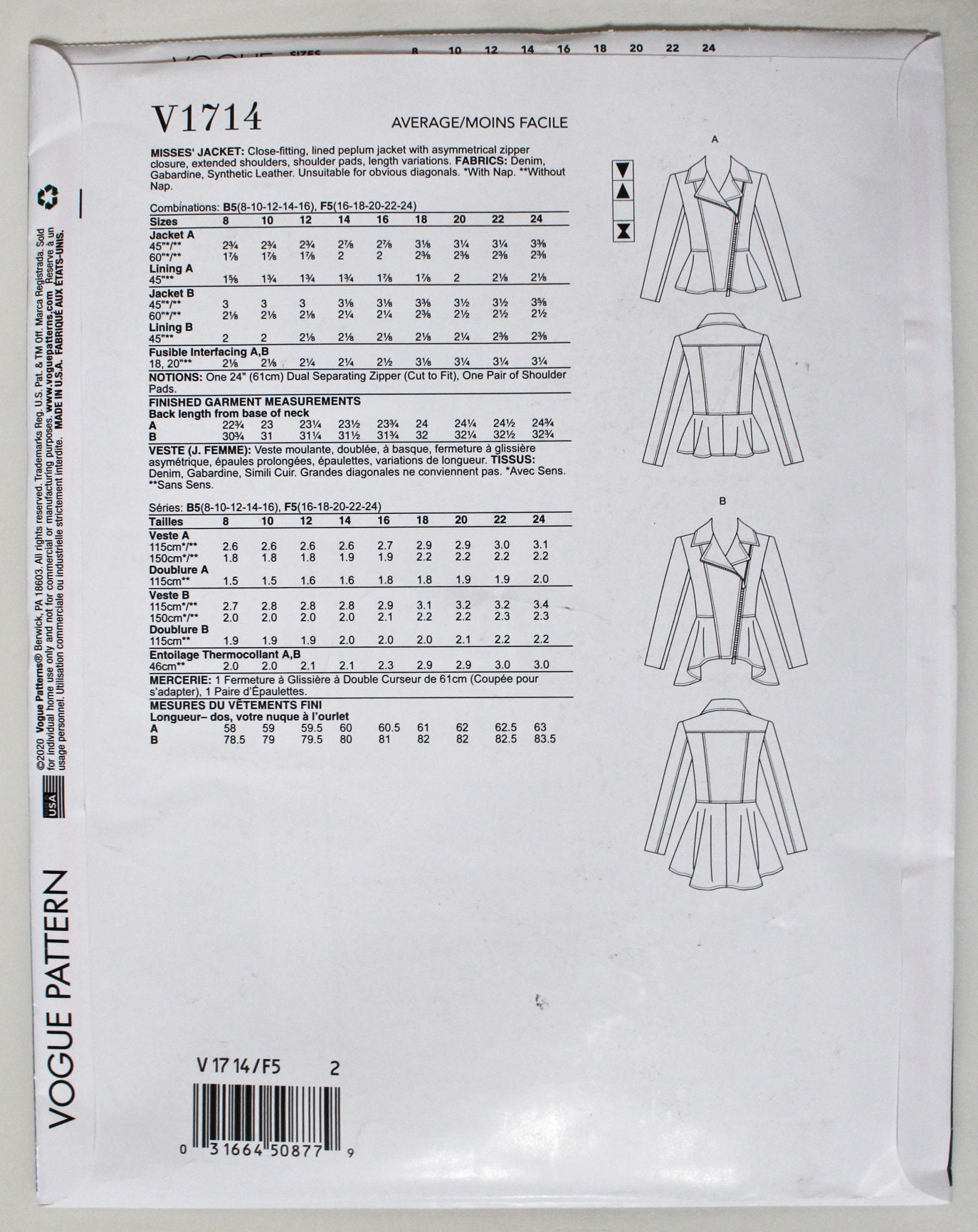 Vogue Sewing Pattern for Jacket With Peplum in 2 Lengths Vogue 1714 ...