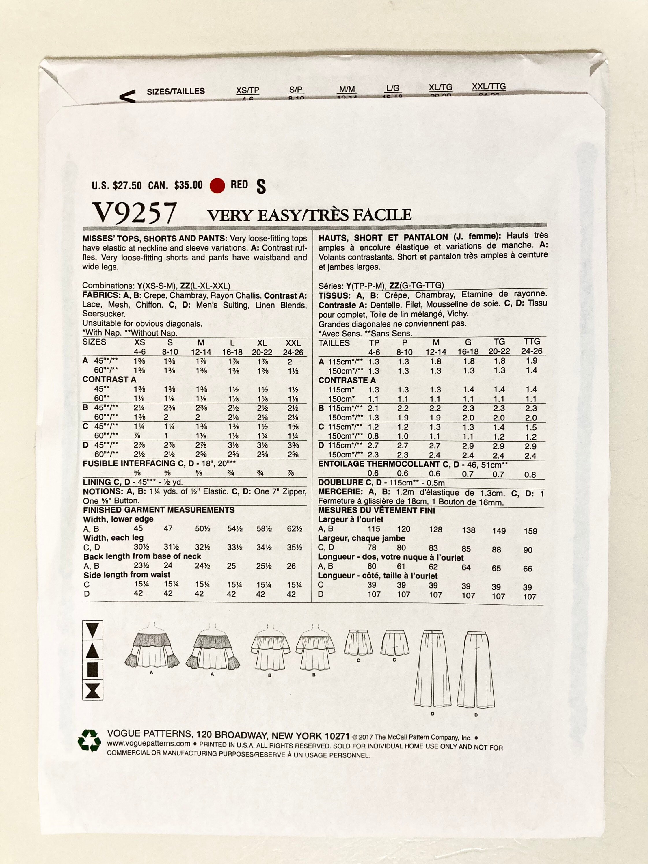 Vogue Sewing Pattern for Top Pants and Shorts - Vogue 9257 - Very Easy ...