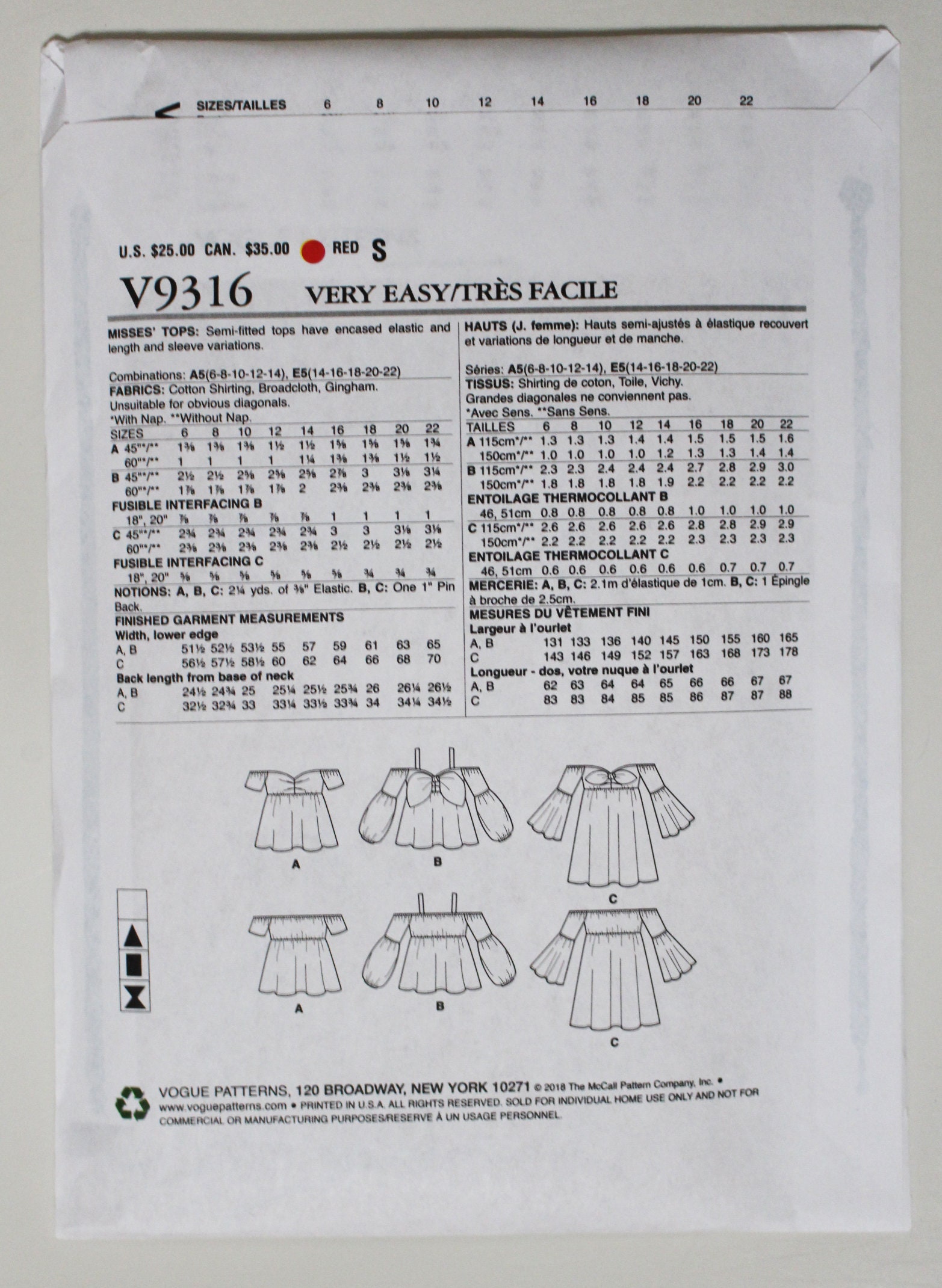 Vogue Sewing Pattern for Women's Top - Vogue 9316 - Bust 36 to 44 ...