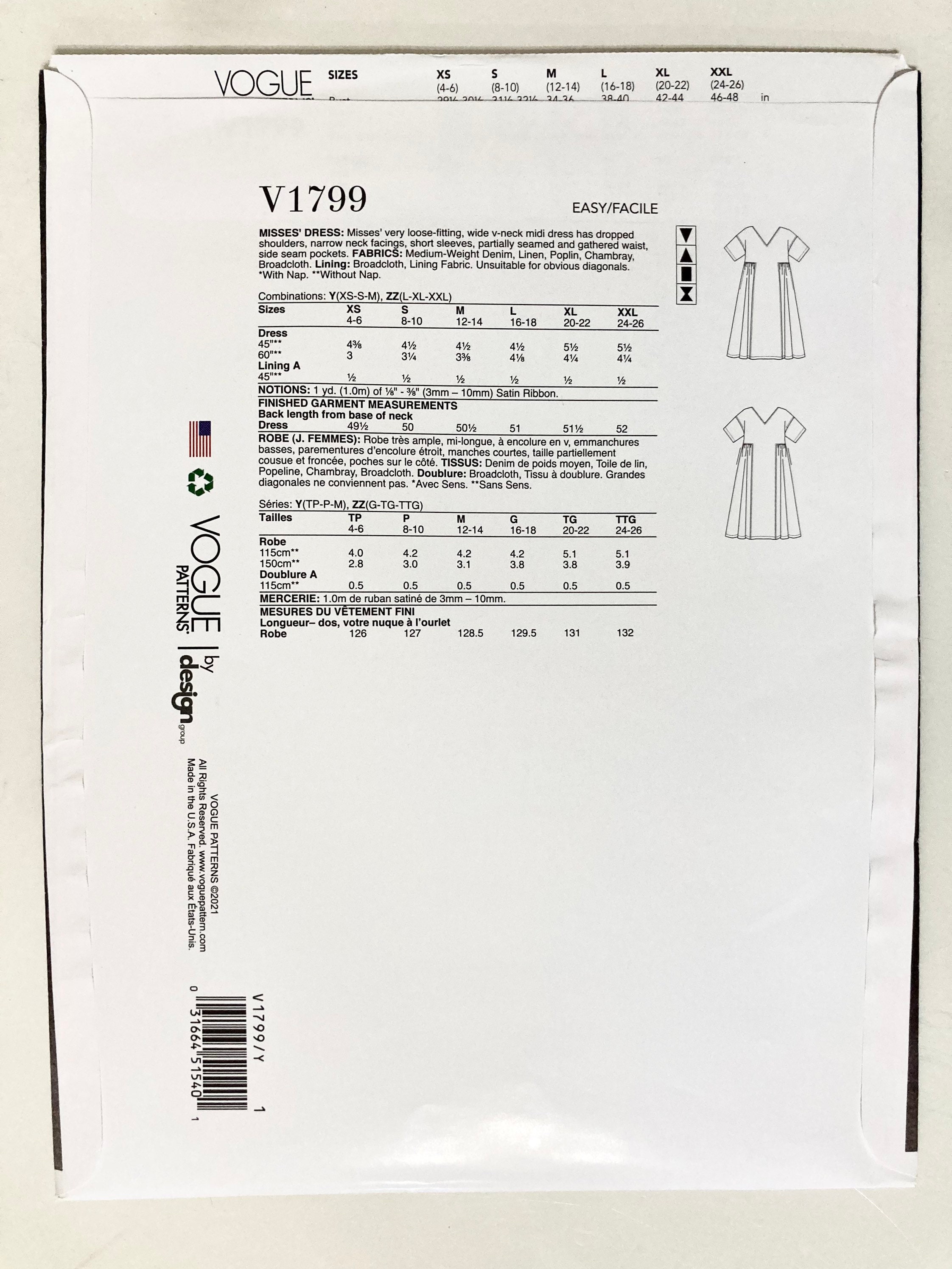Designer Rachel Comey Sewing Pattern for Dress, Vogue 1799, Bust 29.5 ...