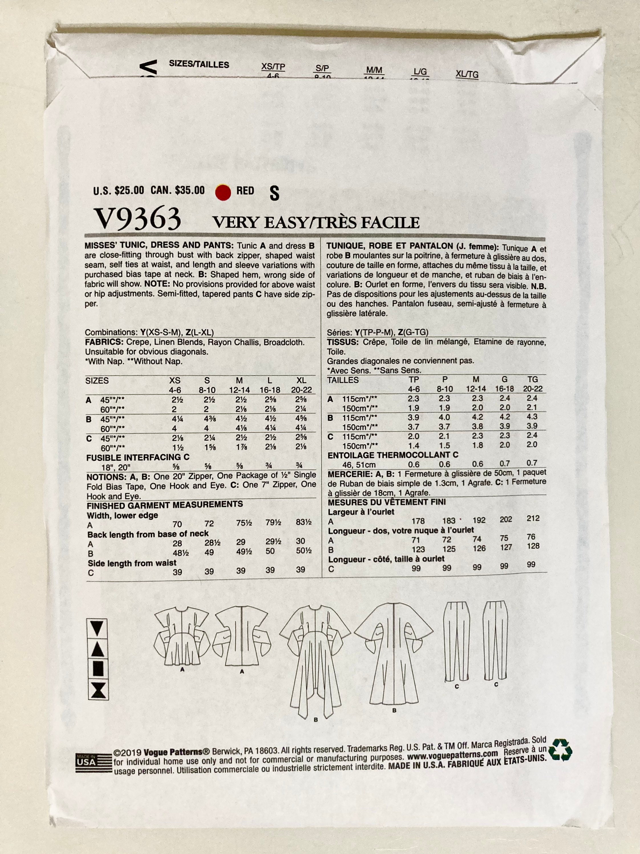 Vogue Sewing Pattern for Dress / Top and Pants - Vogue 9363 - Sizes XS ...