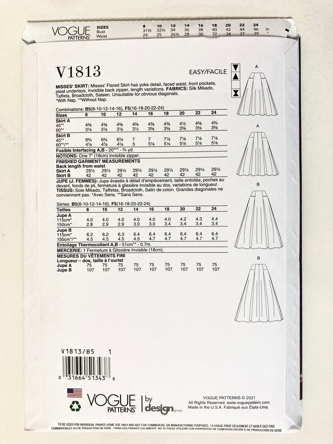 Vogue Sewing Pattern for Skirt - Vogue 1813 - Sizes 8 to 16 - Hip 33.5 ...