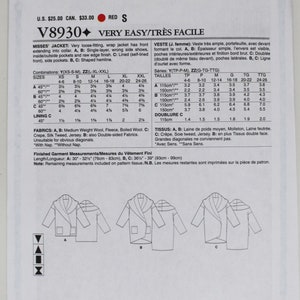 Vogue Sewing Pattern for Jacket / Coat in 3 Styles - Vogue 8930 - Sizes ...