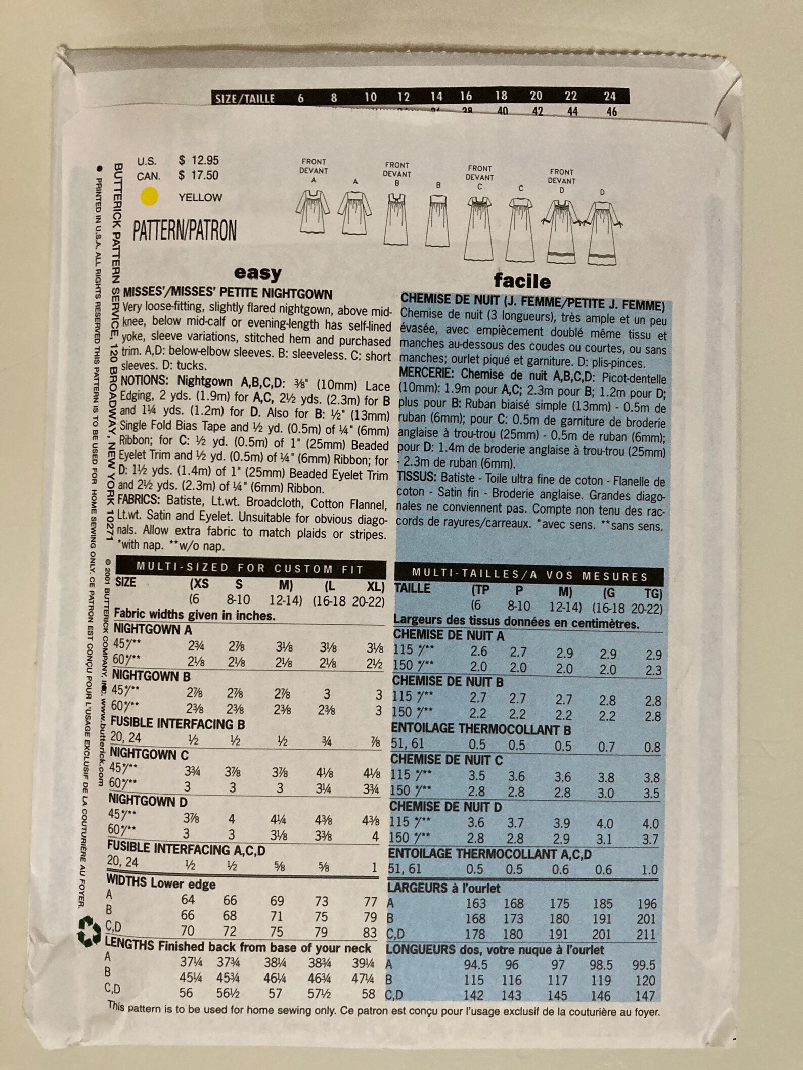 Sewing Pattern for Romantic Nightgown Butterick 6838 Sizes 6 to 14 Bust ...